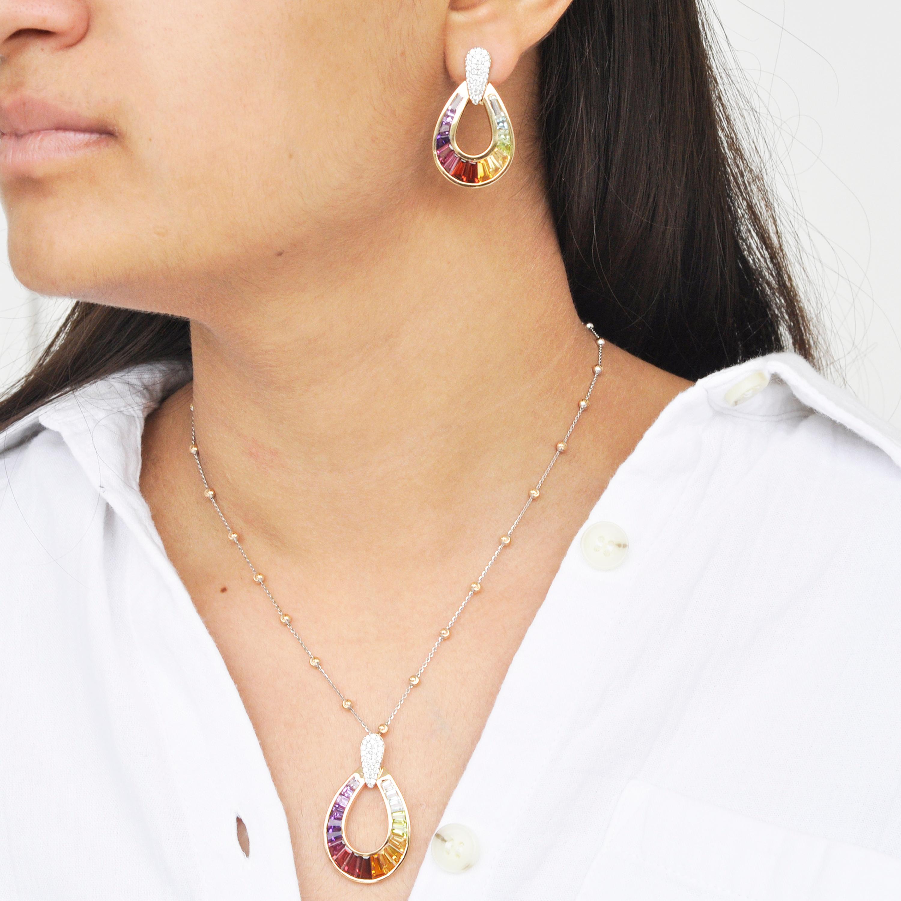 18K Gold Taper Baguette Multi-Color Raindrop Rainbow Diamond Pendant ...
