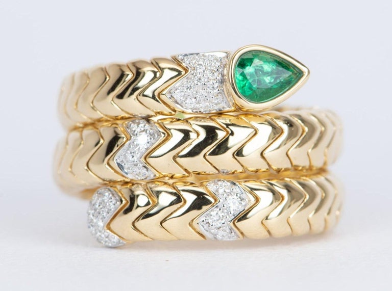 18k Gold Tubogas Snake Coil Ring with Emerald Head and Diamond Accent ...