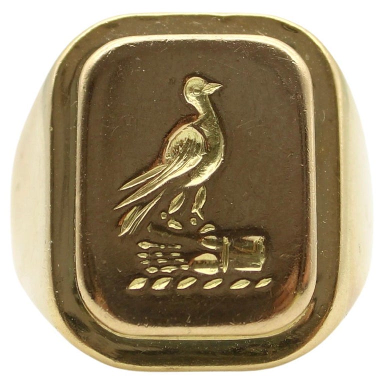 18K Gold Victorian Signet Ring with Bird on Corn For Sale at 1stDibs