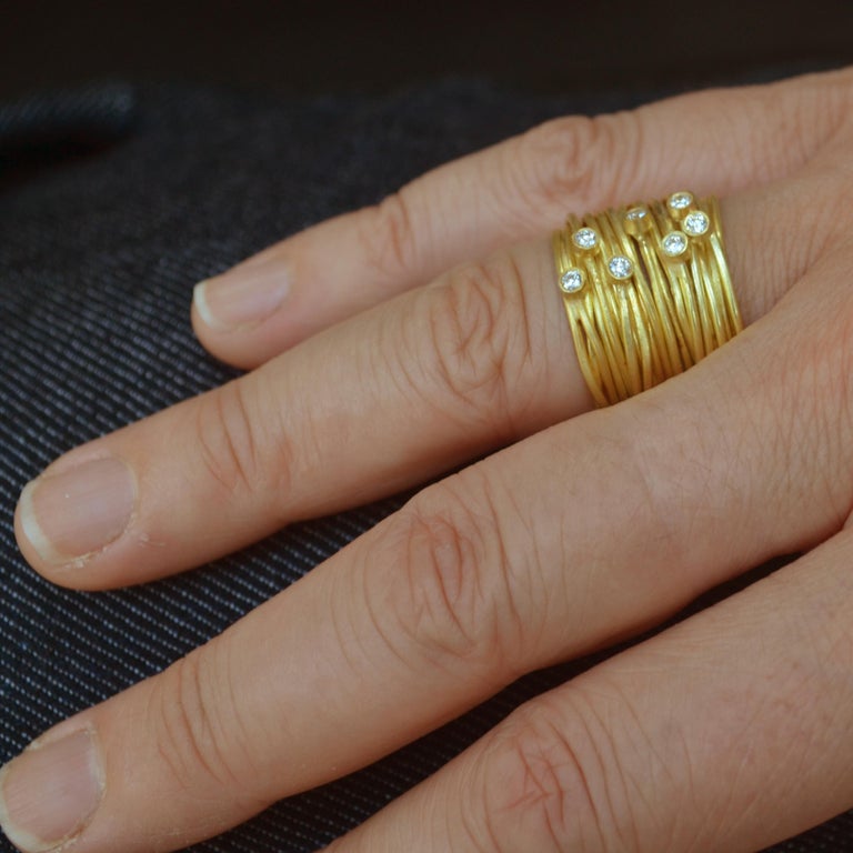 18k Gold Wrapped Wire 'Spaghetti' Ring with Seven 0.03ct White Diamonds ...