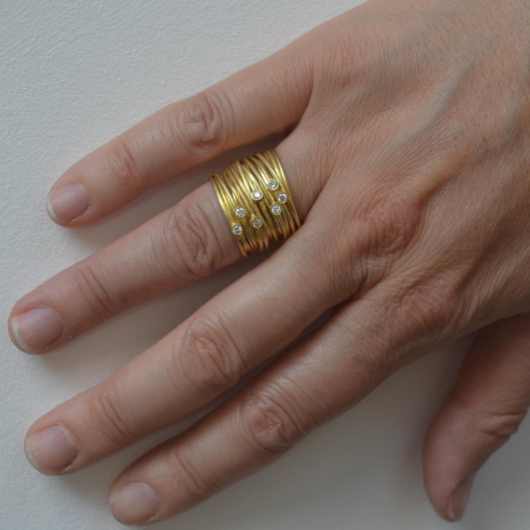 18k Gold Wrapped Wire 'Spaghetti' Ring with Seven 0.03ct White Diamonds ...