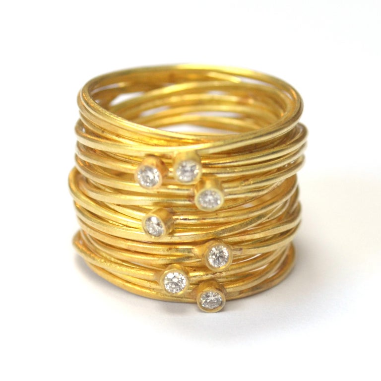 18k Gold Wrapped Wire 'Spaghetti' Ring with Seven 0.03ct White Diamonds ...