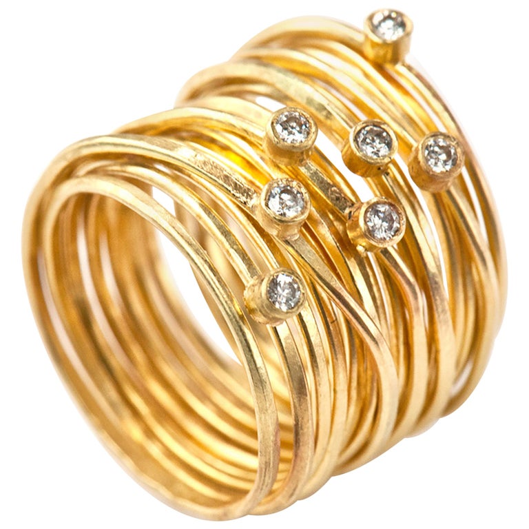 18k Gold Wrapped Wire 'Spaghetti' Ring with Seven 0.03ct White Diamonds ...