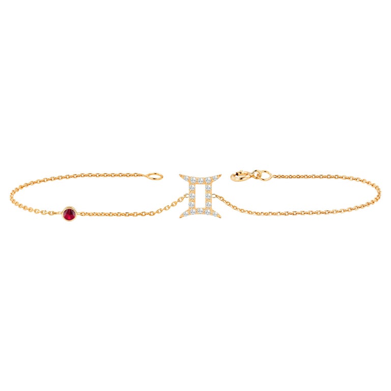 18k Gold Zodiac Gemini Diamond Bracelet with Birthstone Ruby Emerald Sapphire For Sale at 1stDibs