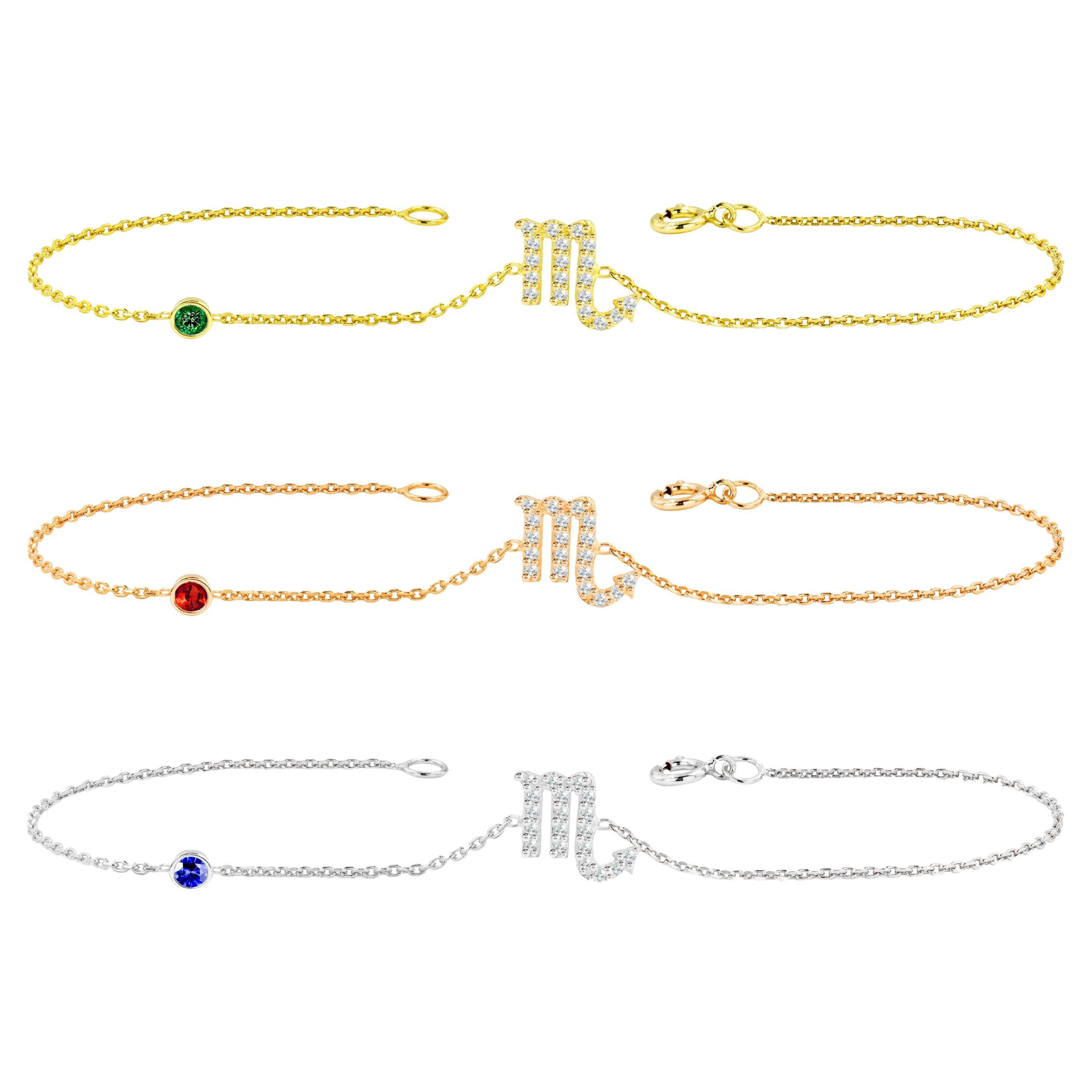 18K Gold Zodiac Leo Diamond Bracelet with Birthstone Ruby Emerald ...