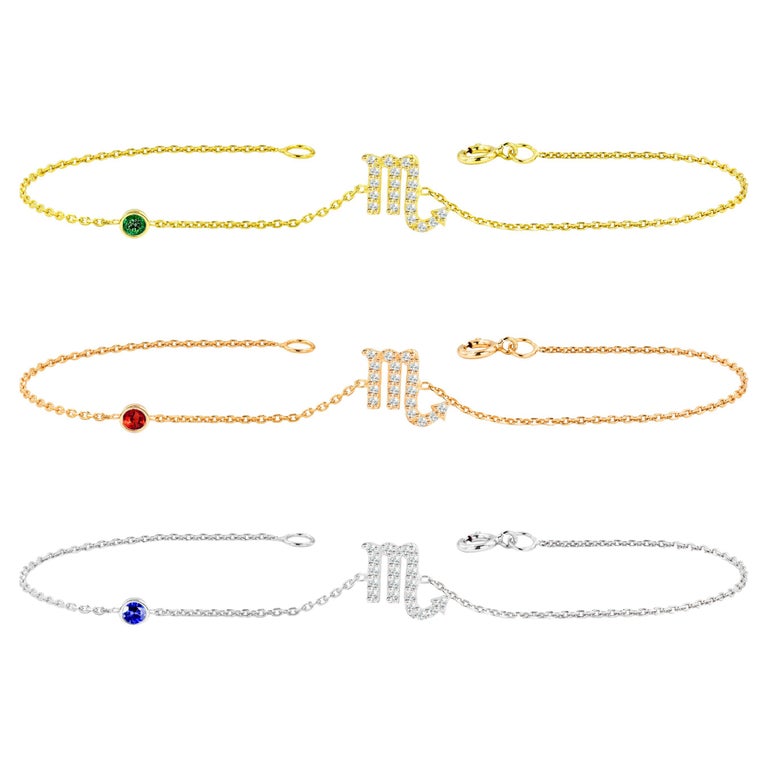 18K Gold Zodiac Scorpio Diamond Bracelet With Birthstone Ruby Emerald ...