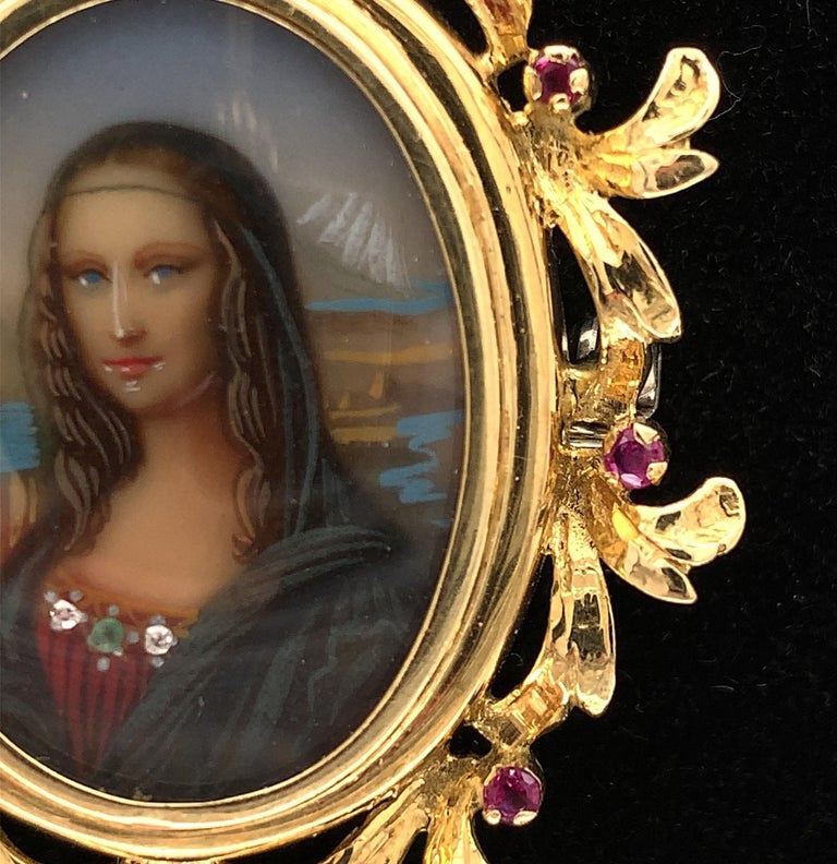 18k Yellow Gold Hand Painted Portrait Pin Mona Lisa For Sale at 1stDibs