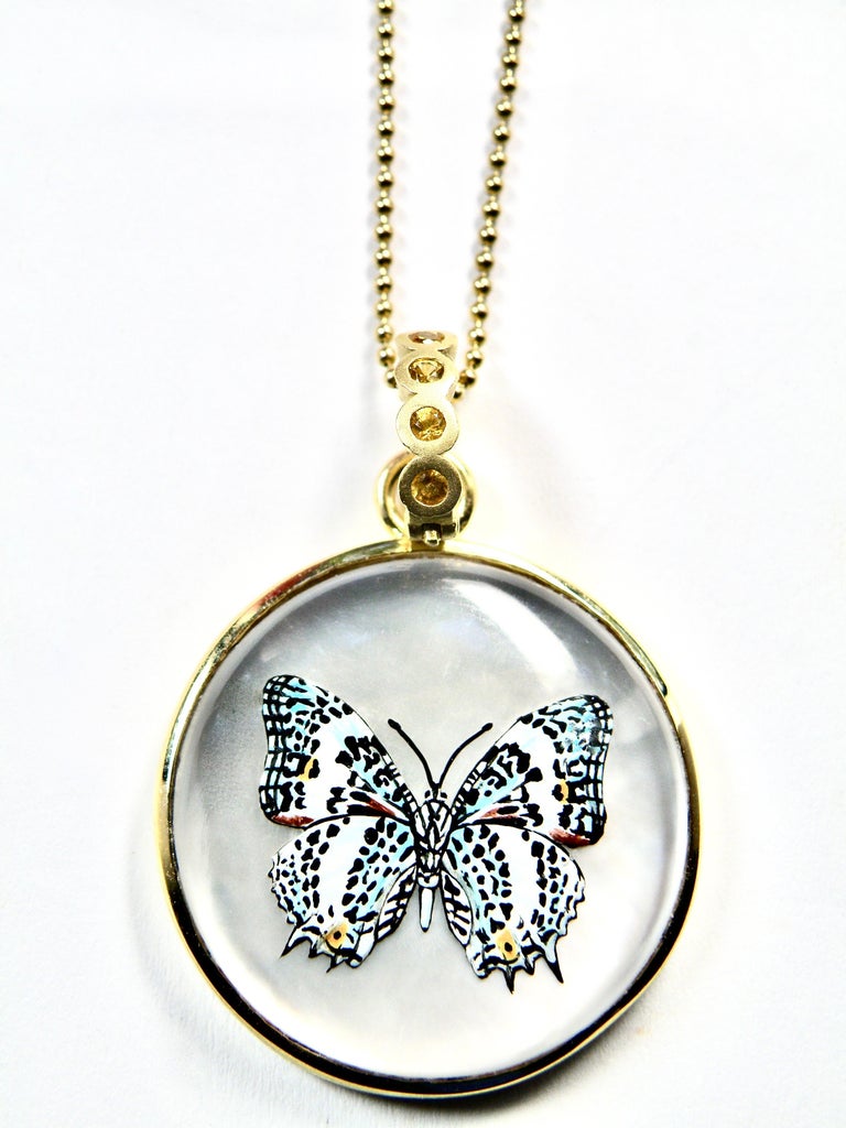18K Hand Painted Reverse Crystal Butterfly with Sapphire Bail For Sale ...