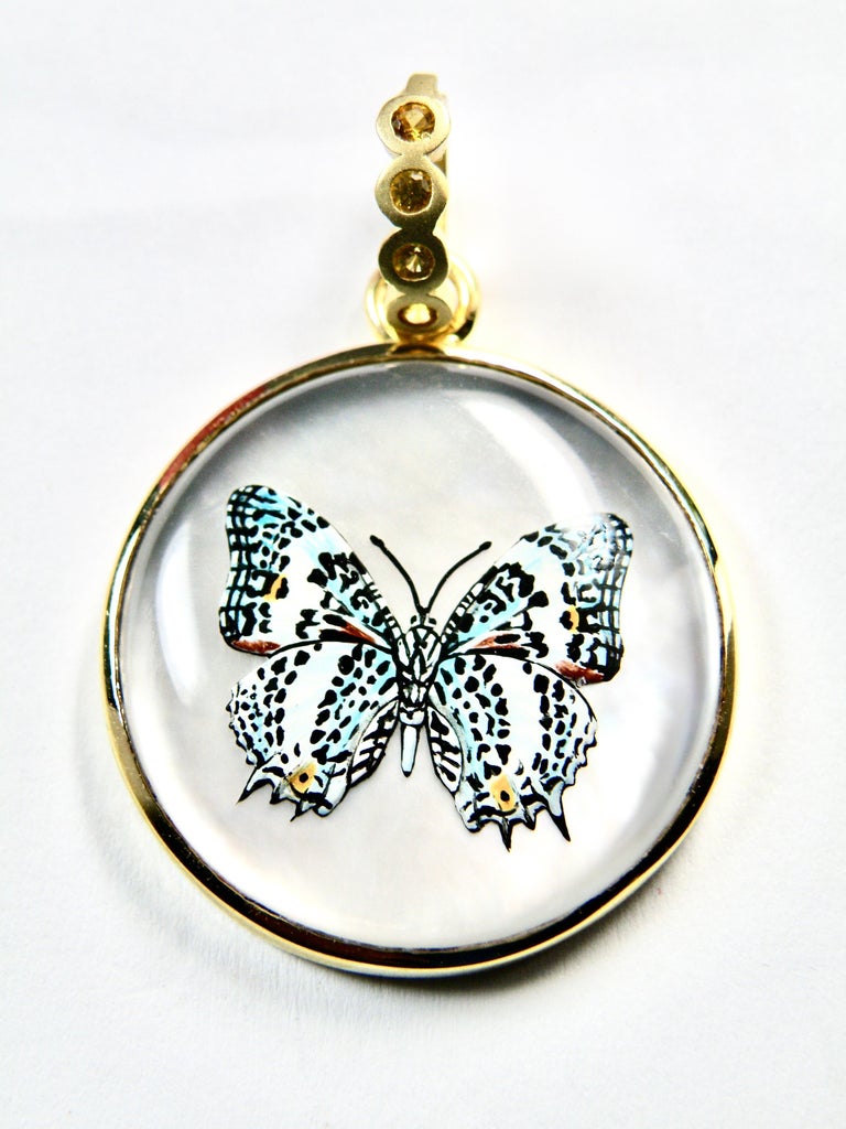 18K Hand Painted Reverse Crystal Butterfly with Sapphire Bail For Sale ...