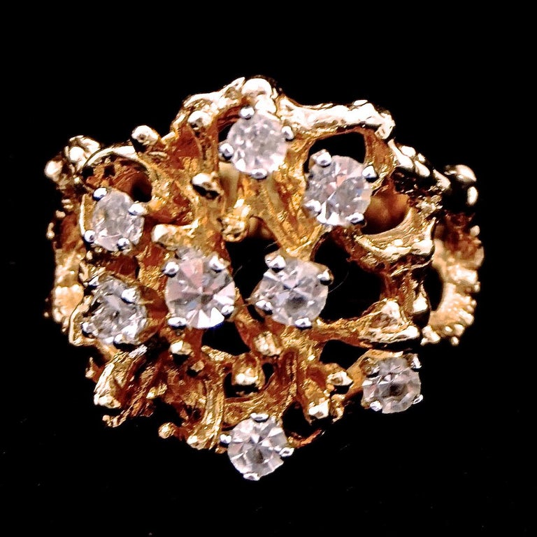 18K HGE Gold Electroplate and Clear Rhinestone Organic Design Cocktail ...