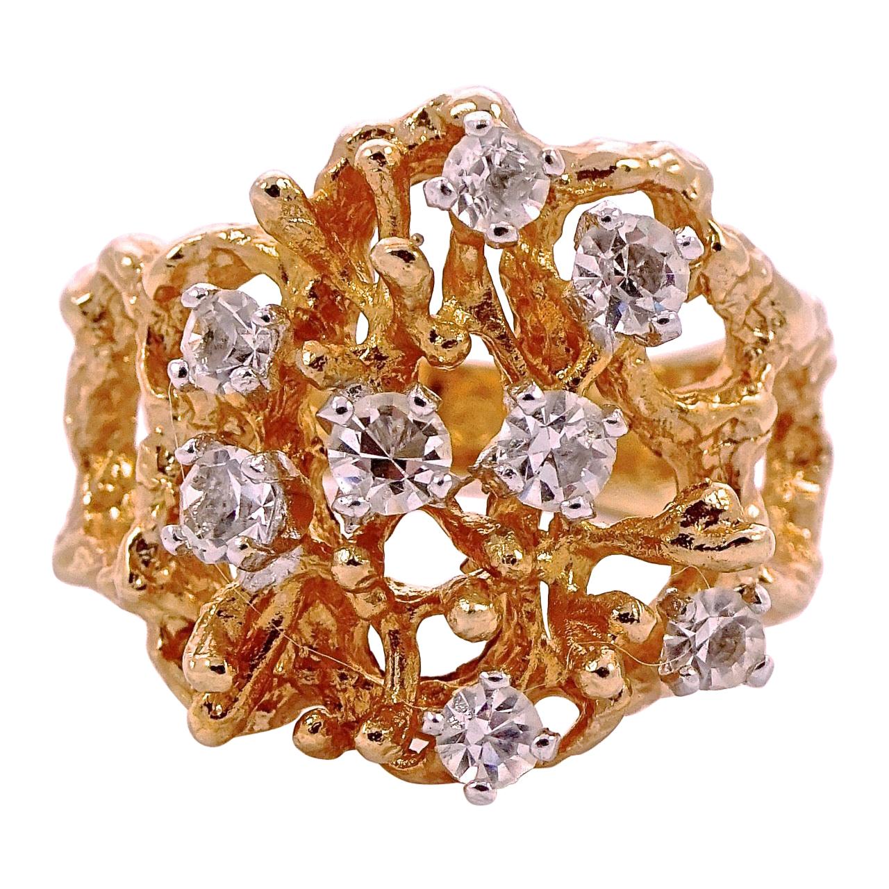 18K HGE Gold Electroplate And Clear Rhinestone Organic Design Cocktail 18K HGE Gold Electroplate And Clear Rhinestone Organic Design Cocktail