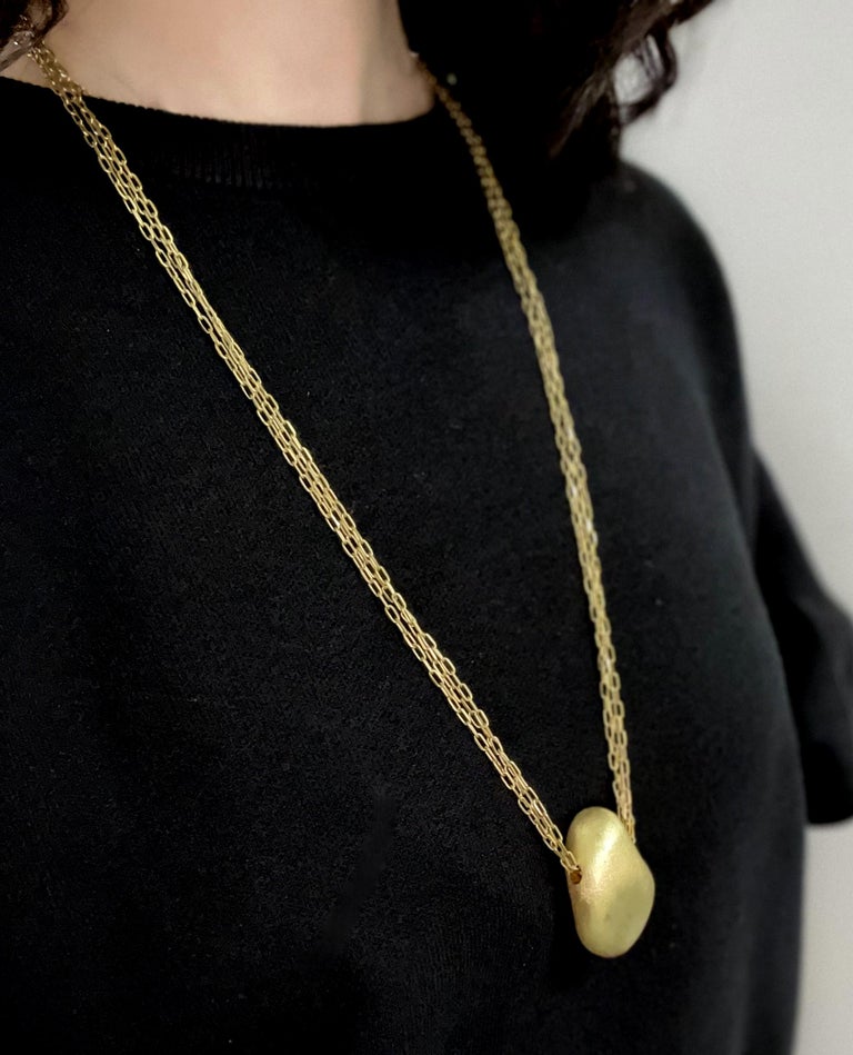 18K Yellow Gold Long Bean Pendant on a Triple Strand Paperclip Chain ...