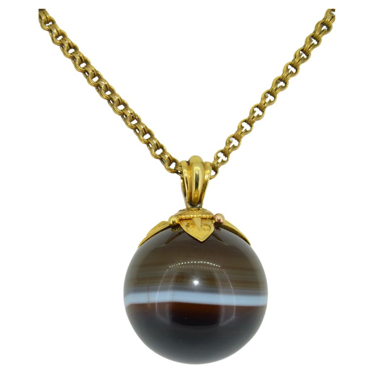 18K Massive Victorian 34.5 mm Banded Agate Orb Pendant For Sale at 1stDibs