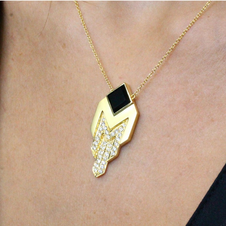 18 Karat Matte Yellow Gold Art Deco Style Necklace with Black Onyx and ...