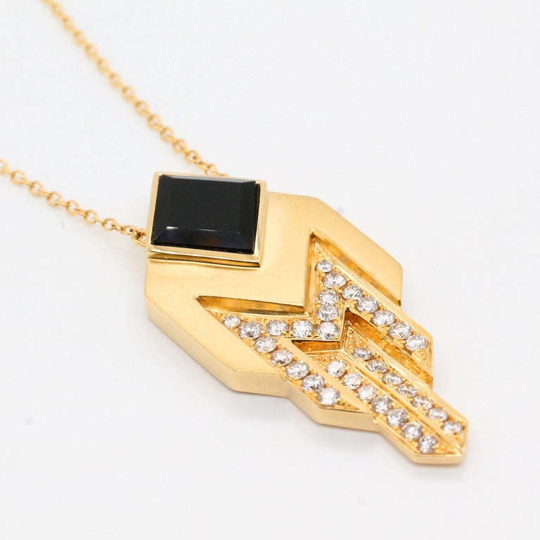 18 Karat Matte Yellow Gold Art Deco Style Necklace with Black Onyx and ...