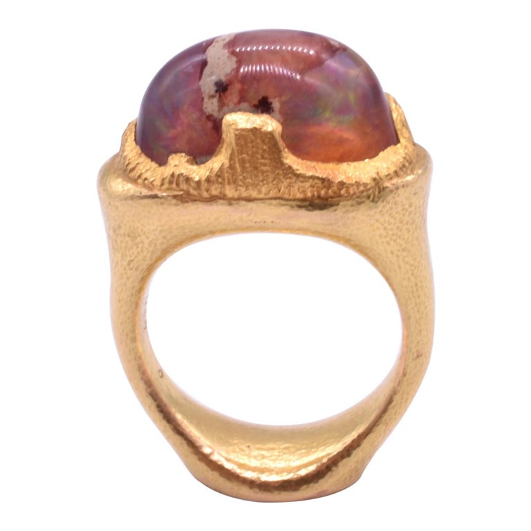 Vintage 18K gold Orange Matrix Fire Opal Egg Shaped Ring at 1stDibs