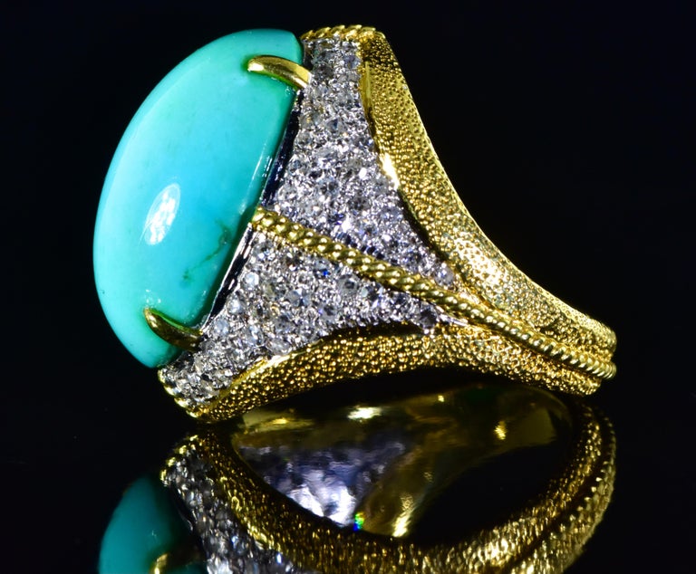 Grande bague vintage en or 18 carats, turquoise de Perse et diamants, c ...