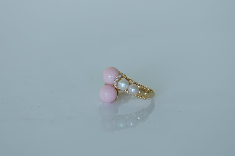 18 Karat Pink Coral Diamond Cultured Pearl Ring For Sale at 1stDibs