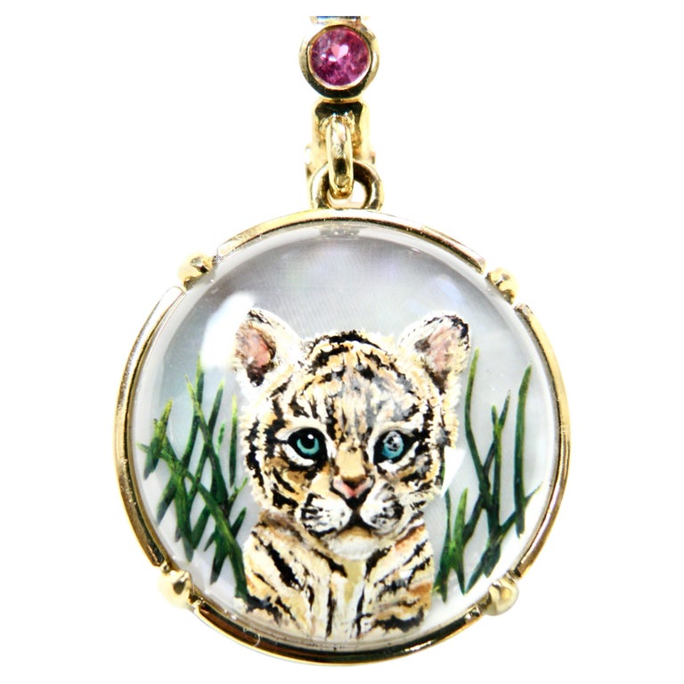 18k Reverse Crystal W Lion Cub Pendant For Sale at 1stDibs