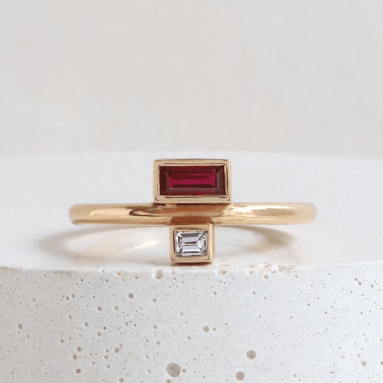 18k Rose Gold Art Deco Baguette Ruby and Diamond Ring For Sale at 1stDibs