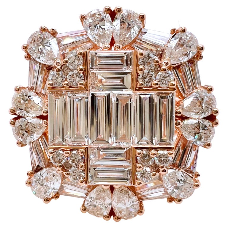 18k Rose Gold Baguette, Round, Pear Shape Diamond Ring For Sale at 1stDibs