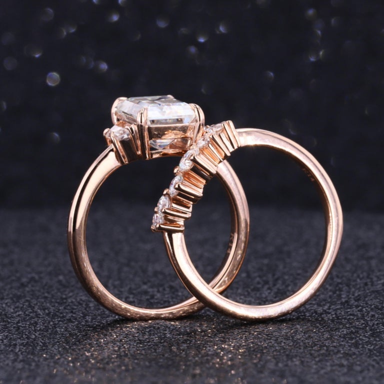 Customizable 18k Rose Gold Emerald Cut Diamonds Wedding Ring Set For ...