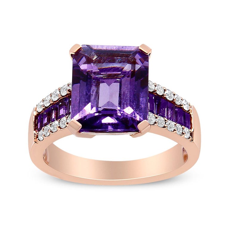 18K Rose Gold Emerald Cut Purple Quartz and 1/4 Carat Diamond Accent ...
