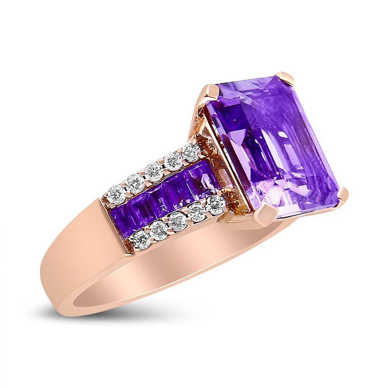 18K Rose Gold Emerald Cut Purple Quartz and 1/4 Carat Diamond Accent ...