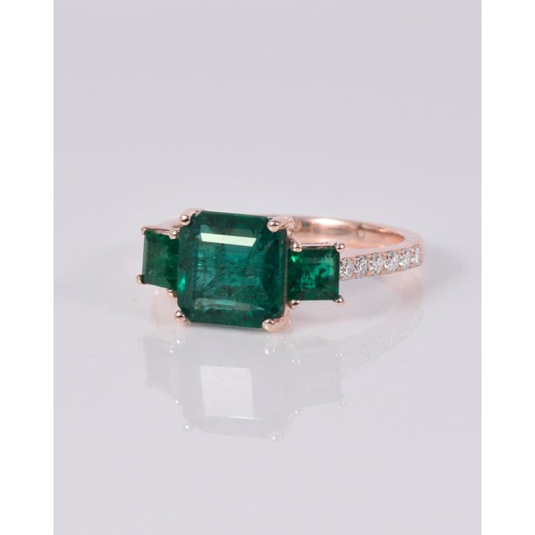 Customizable 18K Rose Gold Emerald Statement Ring, 3 Stone Natural Emerald Engagement Ring For ...
