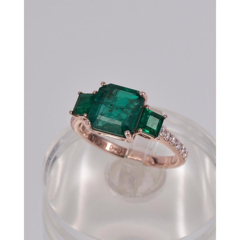 Customizable 18K Rose Gold Emerald Statement Ring, 3 Stone Natural Emerald Engagement Ring For ...