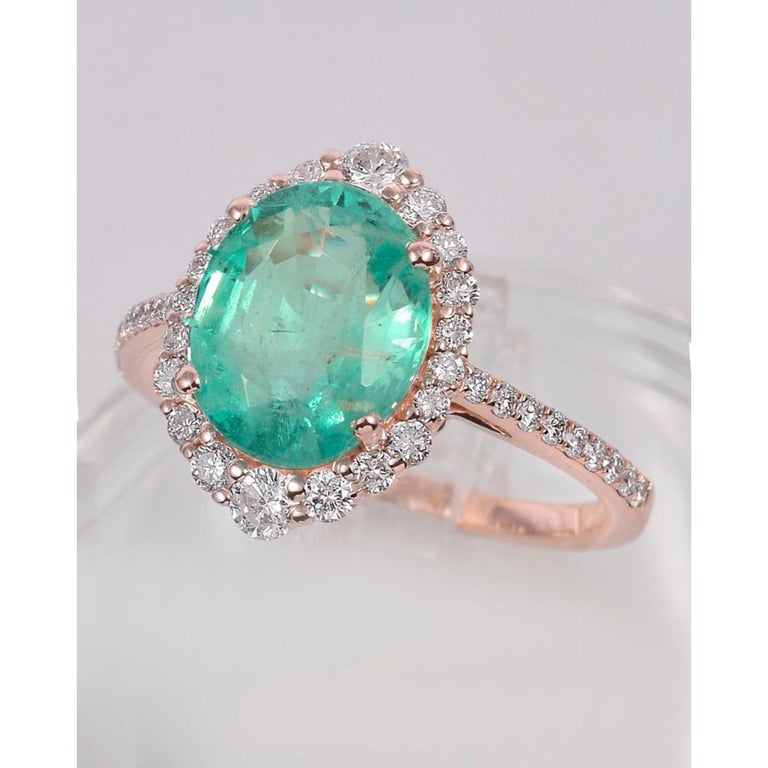 Customizable 18K Rose Gold Halo Emerald Engagement Ring, Unique Emerald ...