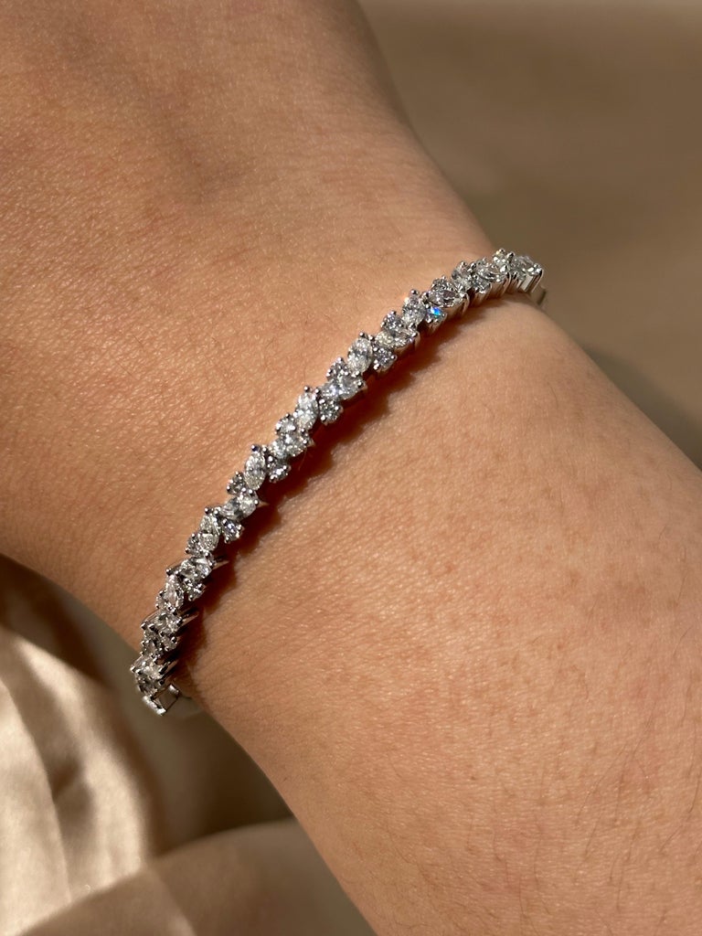 18K Rose Gold Marquise Diamond Solid Bangle Combined with Round ...