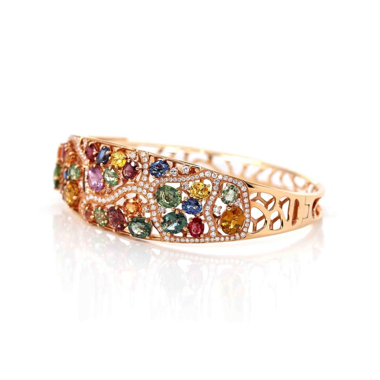 18K Rose Gold Multi-Colors Sapphire Bangle Bracelet with 1ct Diamonds ...
