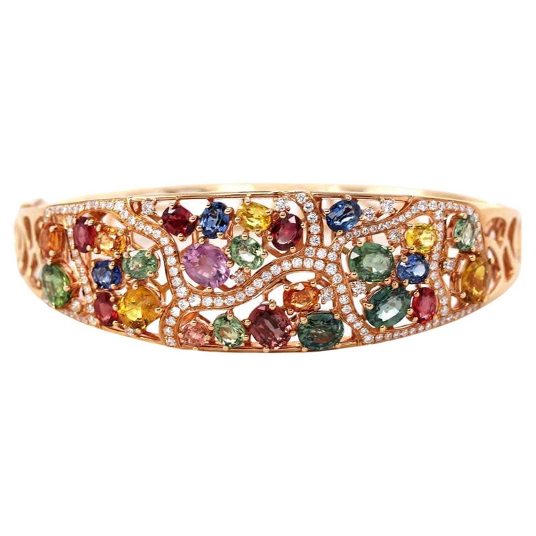 18K Rose Gold Multi-Colors Sapphire Bangle Bracelet with 1ct Diamonds ...