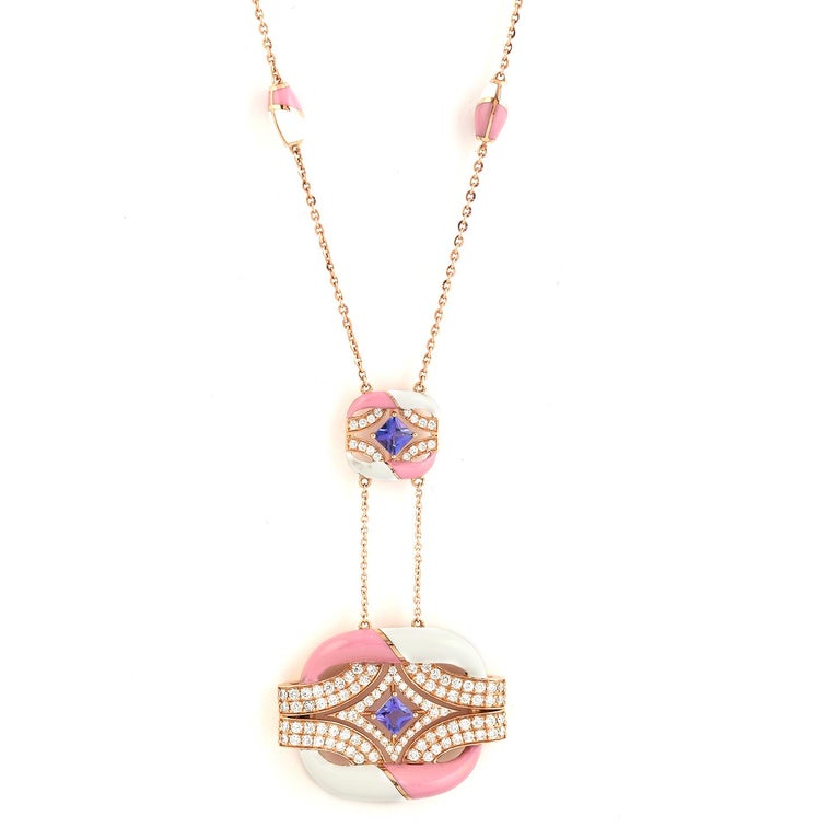 18k Rose Gold Necklace With Center Tanzanite and Pink and White Ceramic ...