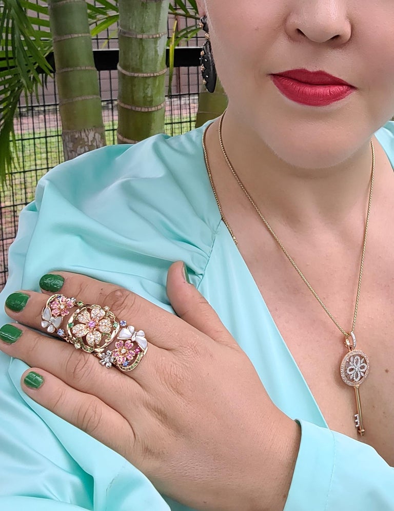 18 Karat Gold One of kind Flower Field Ring with Butterfly and Multiple ...