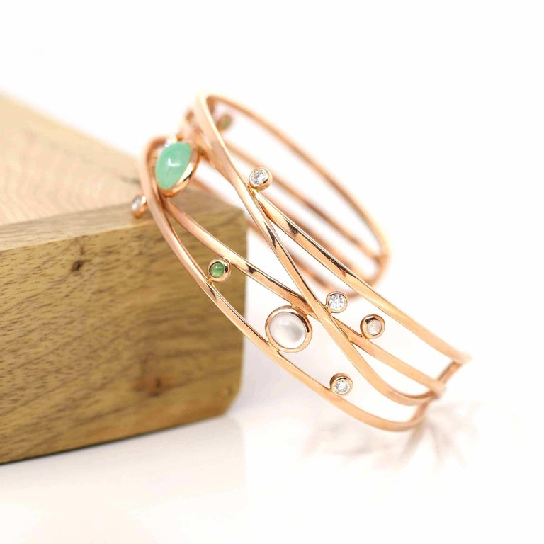 18k Rose Gold Oval Bracelet Bangle with Jade and Diamonds For Sale at ...