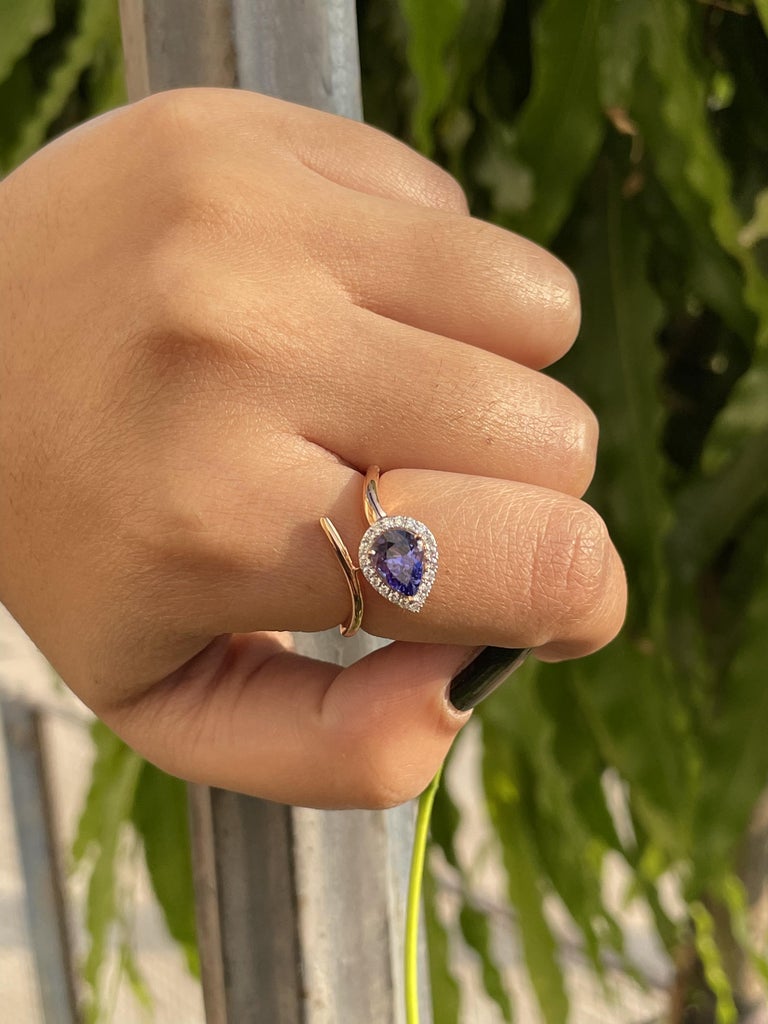 Customizable 18K Rose Gold Pear Shape Tanzanite and Diamond Ring For ...