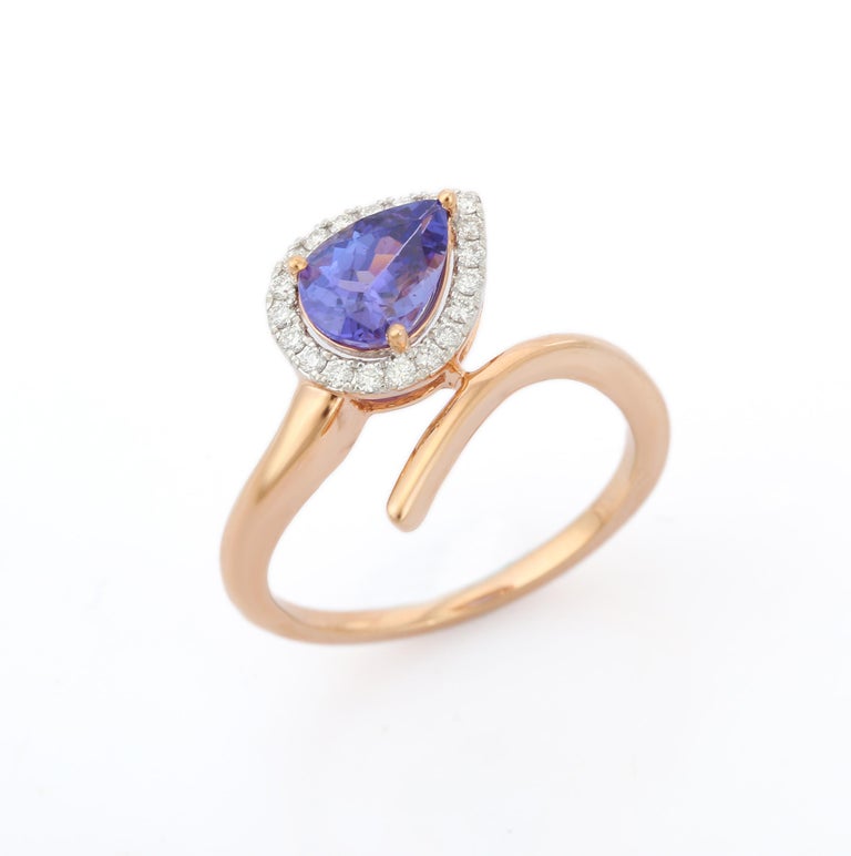 Customizable 18K Rose Gold Pear Shape Tanzanite and Diamond Ring For ...