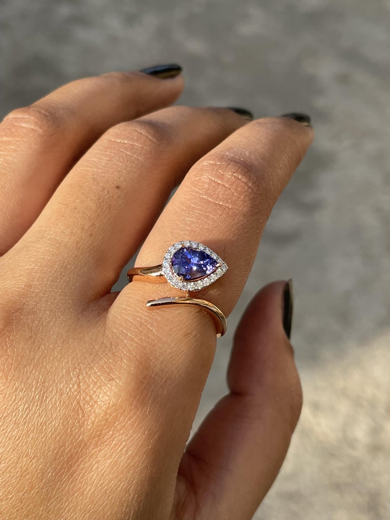 Customizable 18K Rose Gold Pear Shape Tanzanite and Diamond Ring For ...