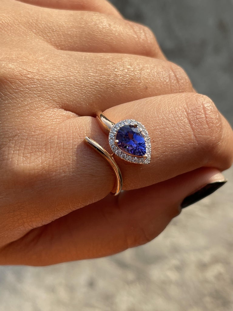 Customizable 18K Rose Gold Pear Shape Tanzanite and Diamond Ring For ...