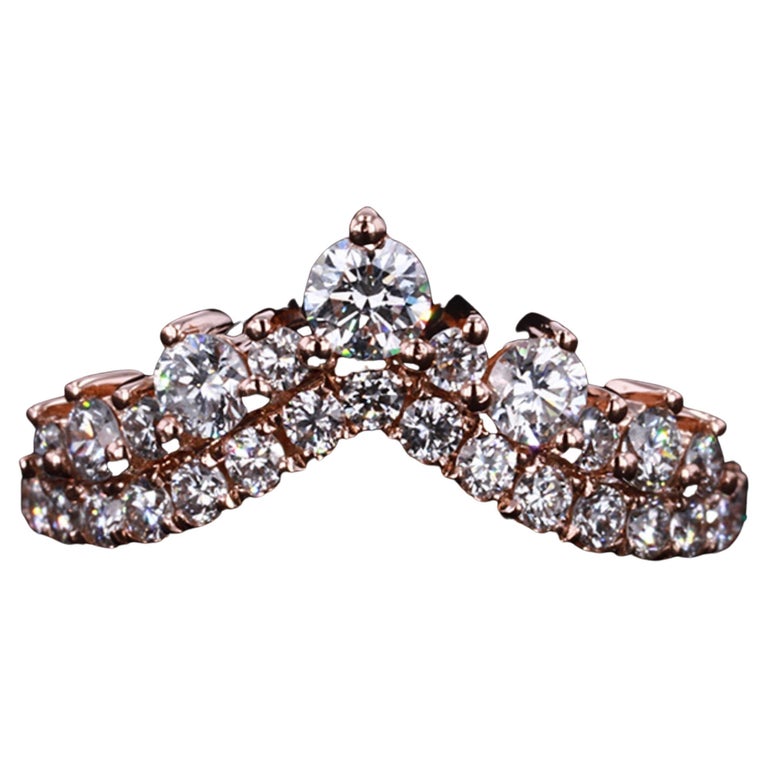 Customizable 18K Rose Gold Promise Crown Wedding Band with Round Cut ...