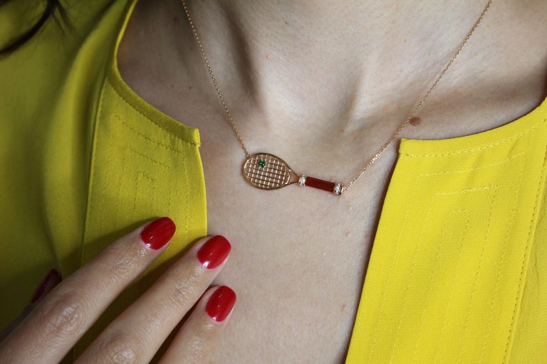 Tennis Racket Red Carnelian Handle Green Emerald Ball Rose Gold ...