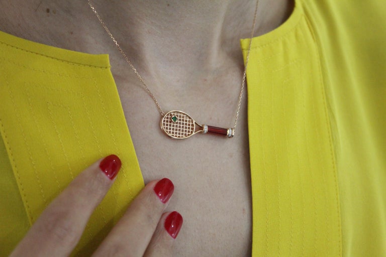 Tennis Racket Red Carnelian Handle Green Emerald Ball Rose Gold ...