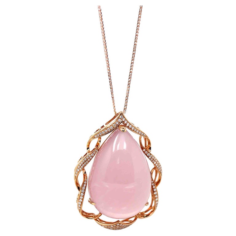 18k Rose Gold Royal Rose Quartz Pendant Necklace with Diamonds For Sale ...