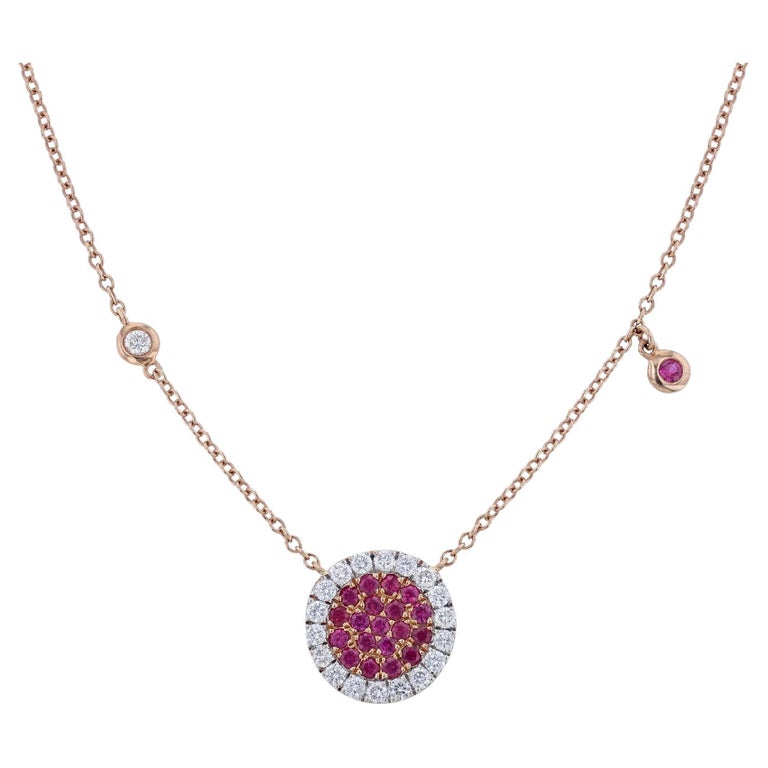 18K Rose Gold Rubies with Diamonds Round Pendant Necklace For Sale at ...