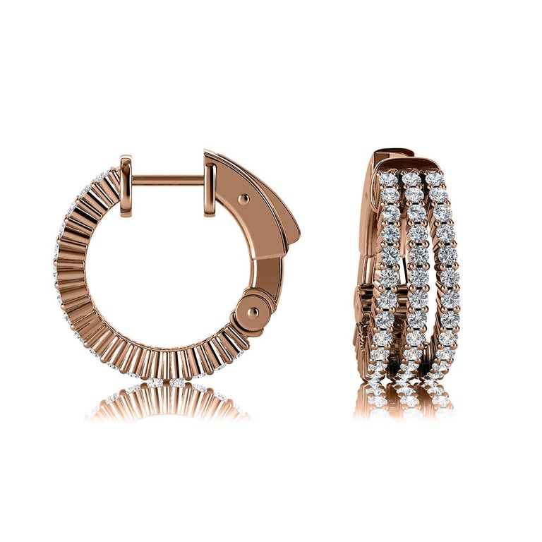 18 Karat Rose Gold Three-Row Hoop Diamond Earrings '1 Carat' For Sale ...