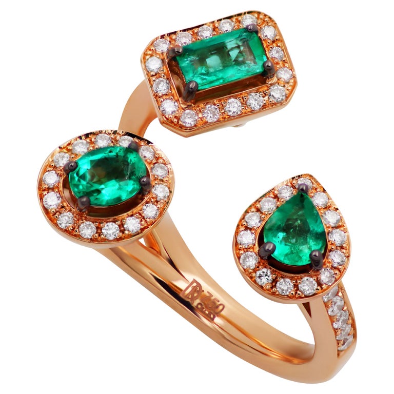 18k Rose Gold Triple Ring with Emeralds and Brilliant Diamonds For Sale ...