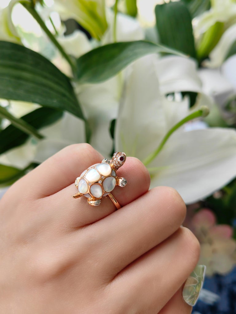 18K Rose Gold Turtle Mother of Pearl Diamond Cocktail Ring For Sale at ...