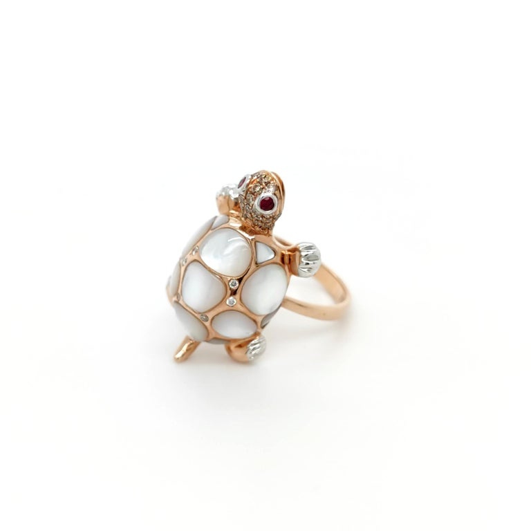 18K Rose Gold Turtle Mother of Pearl Diamond Cocktail Ring For Sale at ...